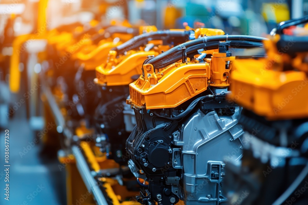 Assembly line of car engines, robotic precision, workers overseeing the ...