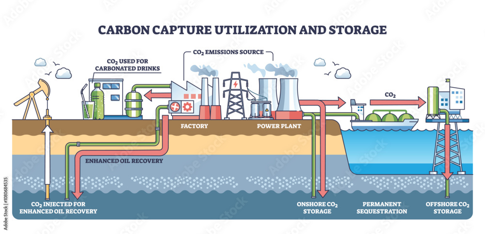 Carbon capture process showing CO2 capture, utilization, and storage with factory, power plant ...
