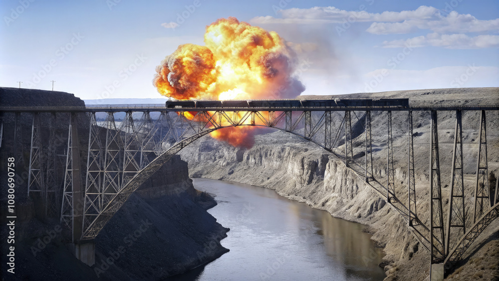 Explosion of Freight Train on Canyon Bridge, Flames, Collapse, River ...
