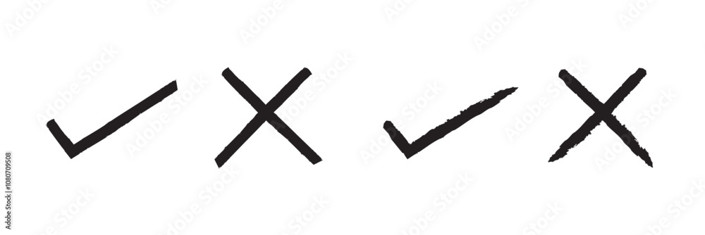 Check marks doodle set. Checkbox, checklist, tick and cross signs, v and x in sketch style. Hand ...