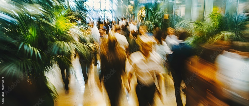 Busy urban environment filled with people moving swiftly through a ...