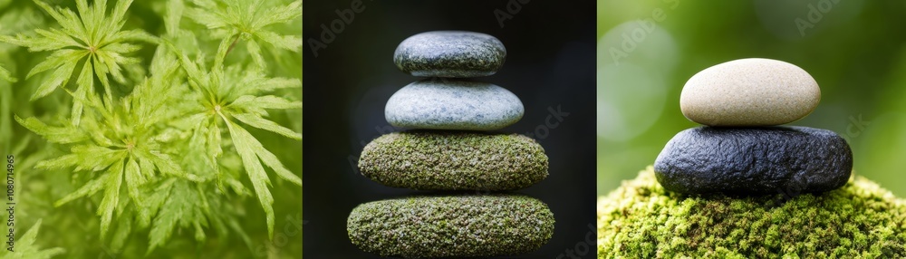 Balancing stones, a serene stack of three textured rocks in nature's ...