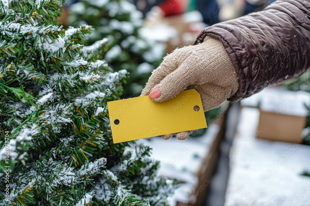 hyper realistic photo of Person choosing Christmas tree at market, tag ...
