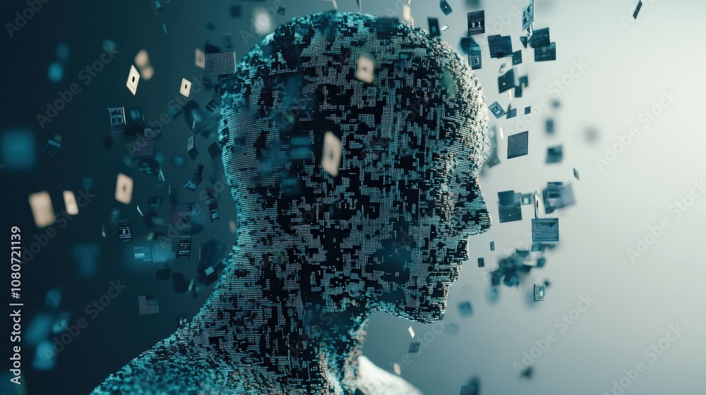 Abstract representation of a digital human dissolving into data particles. Stock Photo | Adobe Stock