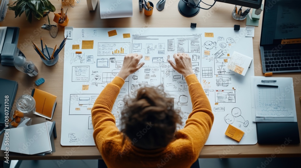 Person working on a desk with creative planning documents and digital ...