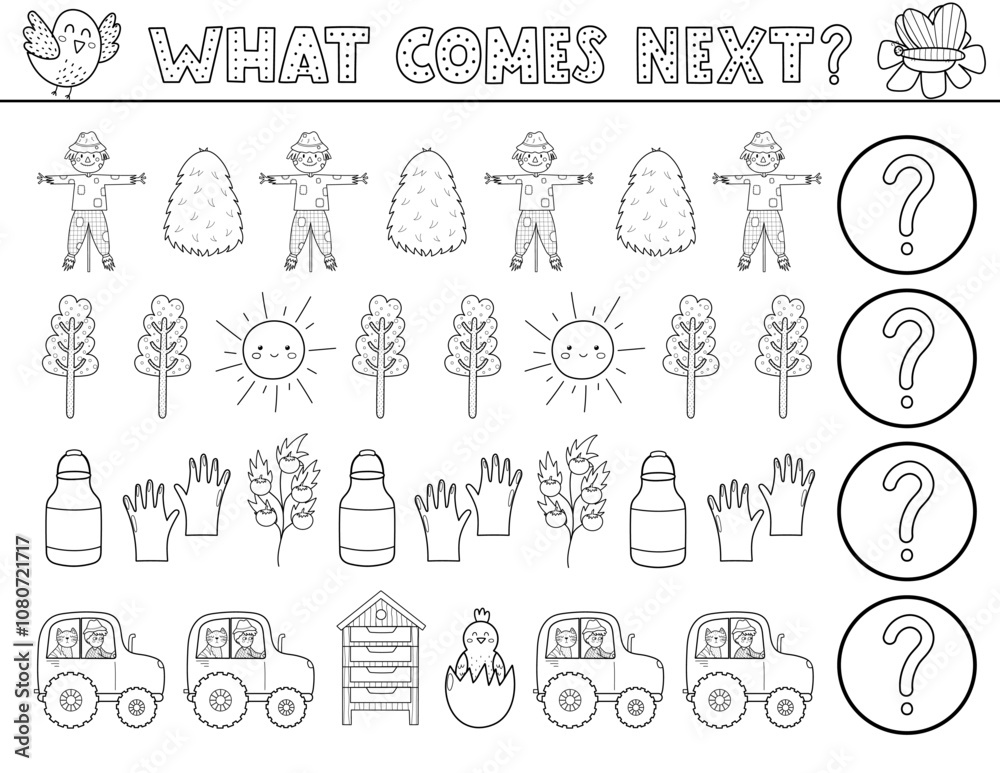 What comes next black and white activity page for kids with cute farm ...