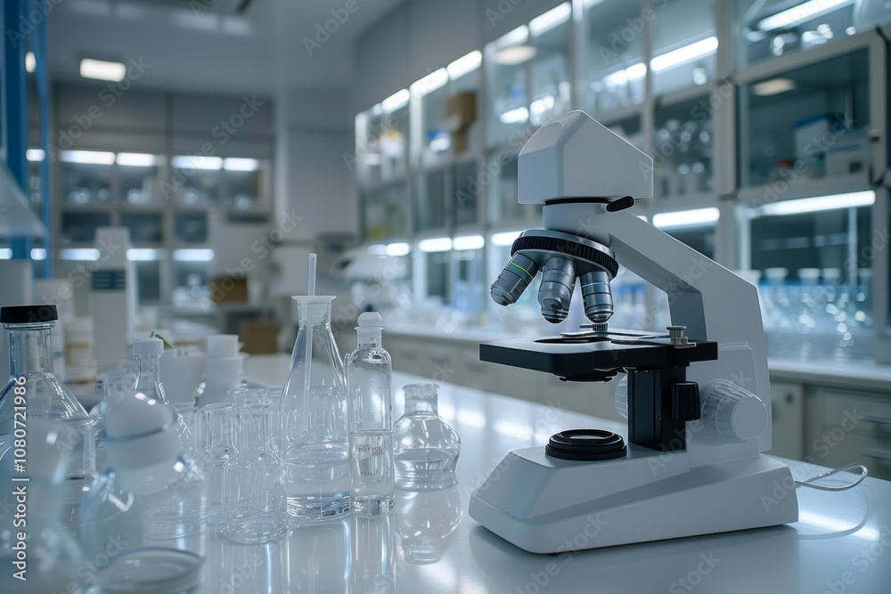 Brightly illuminated bio lab featuring sleek microscopes alongside ...