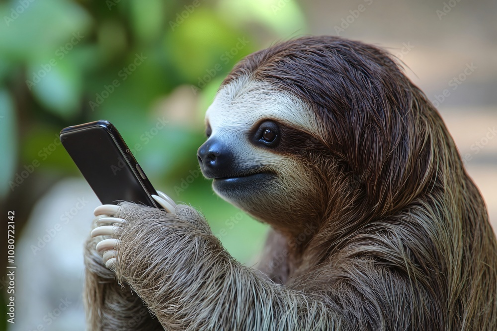 Sloth leisurely types on a smartphone in the jungle, capturing the slow ...