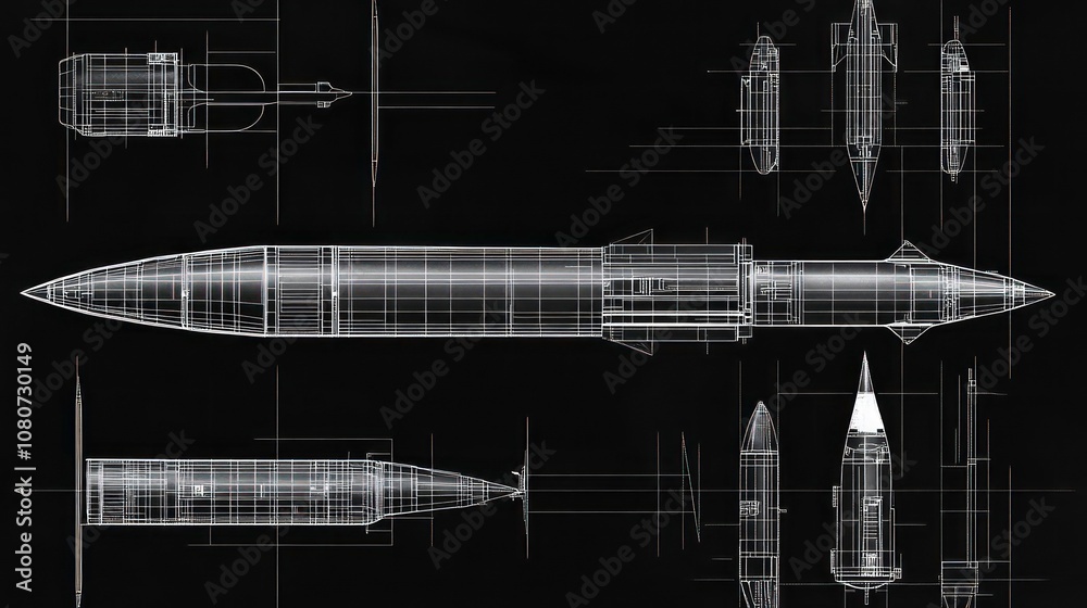 A highly detailed black and white technical drawing of the ballistic ...