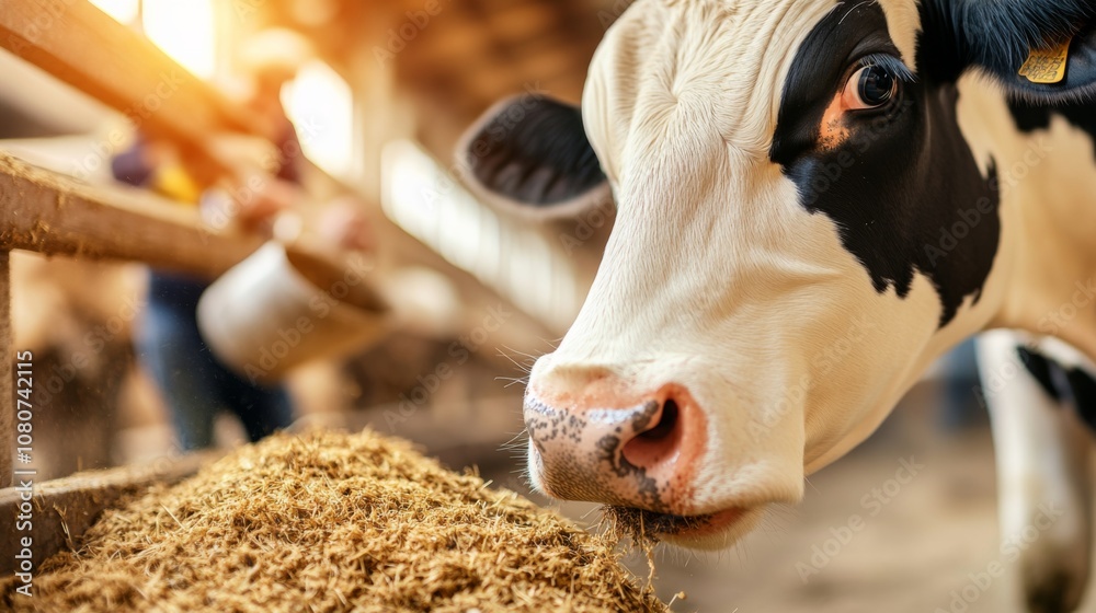 In a warm barn setting dairy cows feed on nutritious fodder as a farmer ...