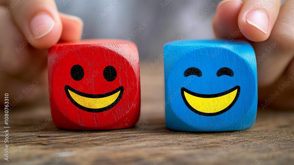 Colorful wooden dice with cheerful smiley faces: one red and one blue ...