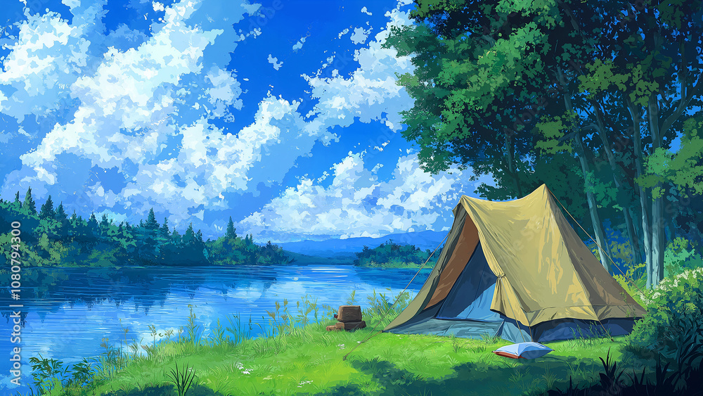 Tents at the lake. Illustrations that look like a scene from an anime ...