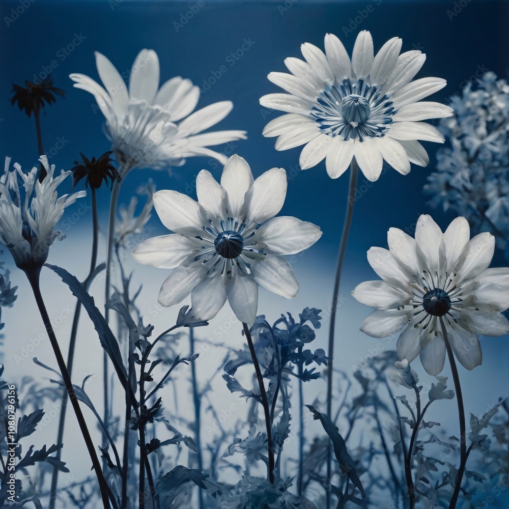 White and blue flowers in transparent landscape photography with ...