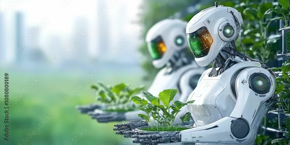 2025 vision board and inspiration concept. Two futuristic robots ...