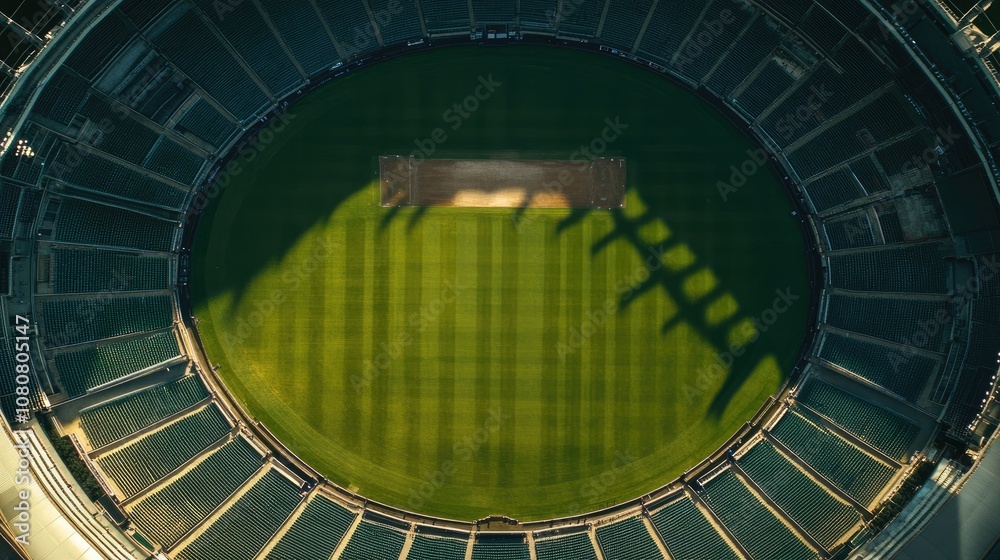 Overhead view of a deserted cricket stadium, showing the pitch, green ...