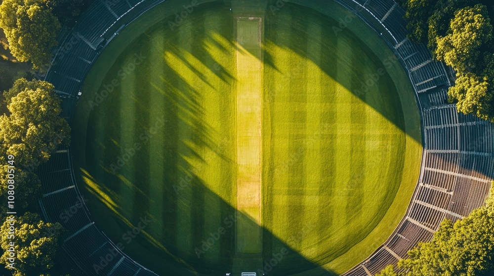Overhead view of a deserted cricket stadium, showing the pitch, green ...
