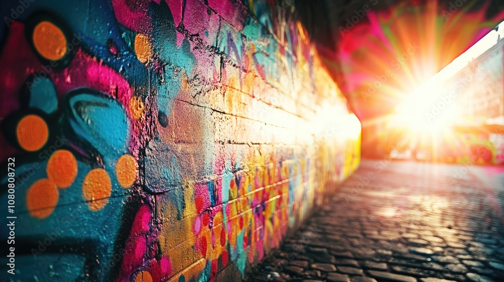 Vibrant street art featuring graffiti on a wall enhanced by a luminous ...