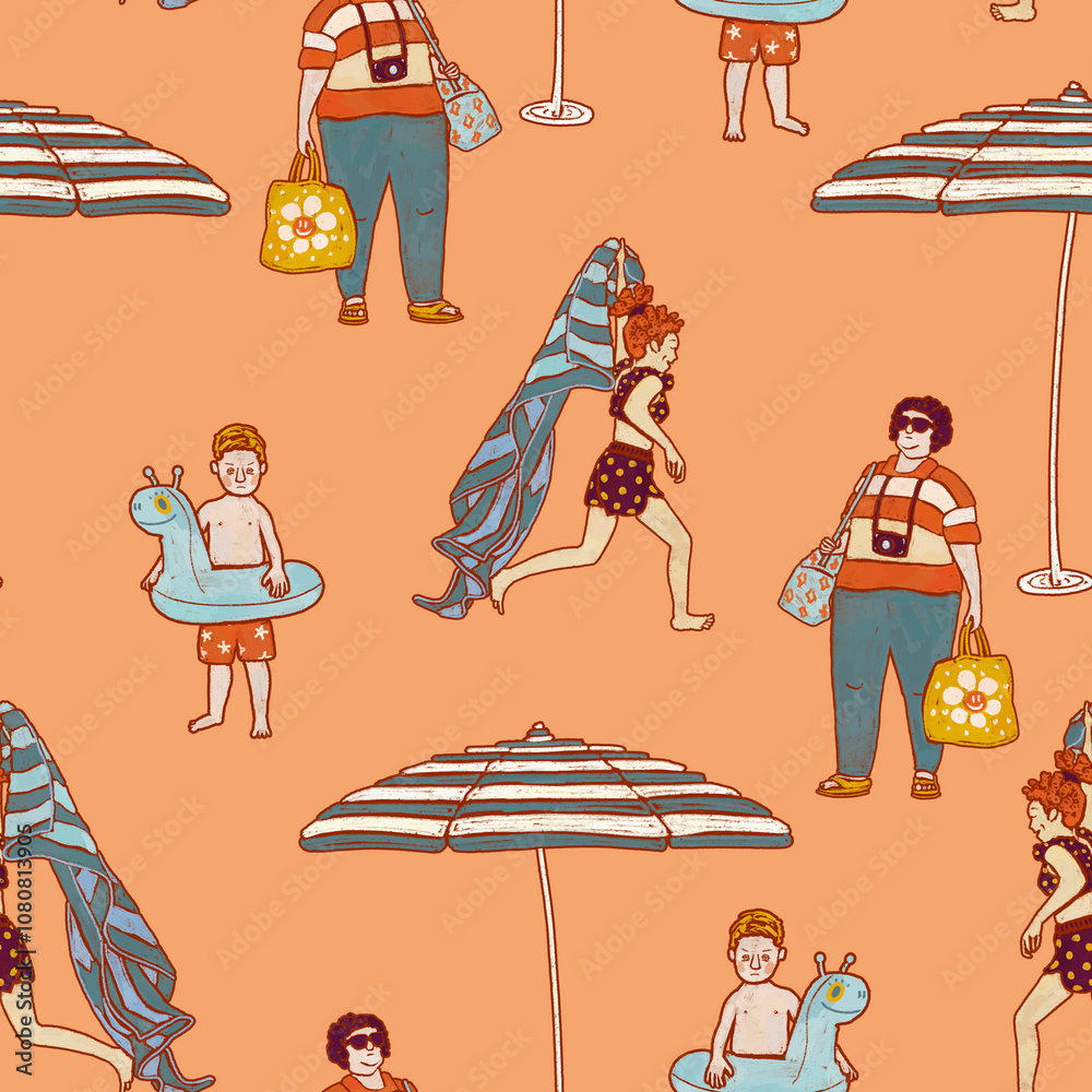 Seamless pattern illustration - people swimming on the beach. Mom with ...