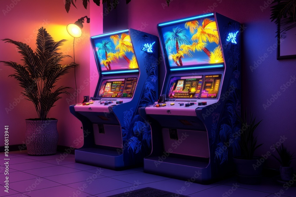 Cyberpunk arcade with retro machines, neon colors, and characters in ...