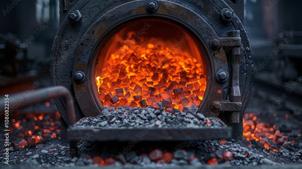 A close-up view of an industrial furnace door, with red-hot embers ...