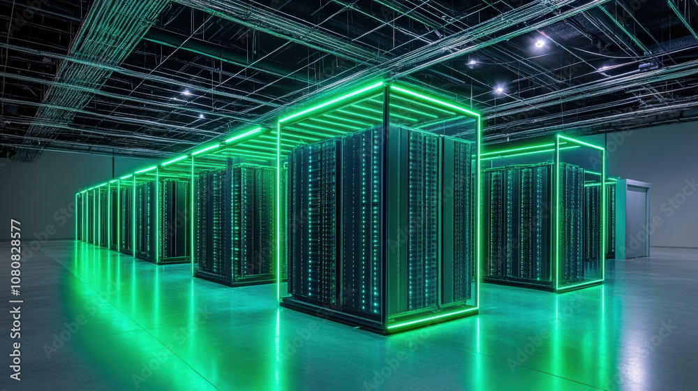 hyper modern data center featuring illuminated server racks in green ...