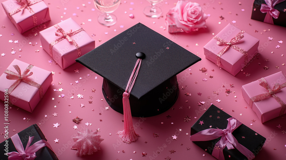 Pink girly graduation cap and diploma with starry embellishments ...
