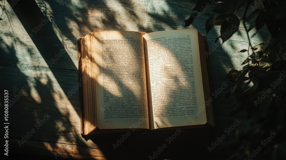 Open book with a single beam of light illuminating its pages ...