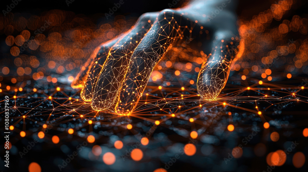 Glowing hand reaching out, connected by network of luminous lines ...