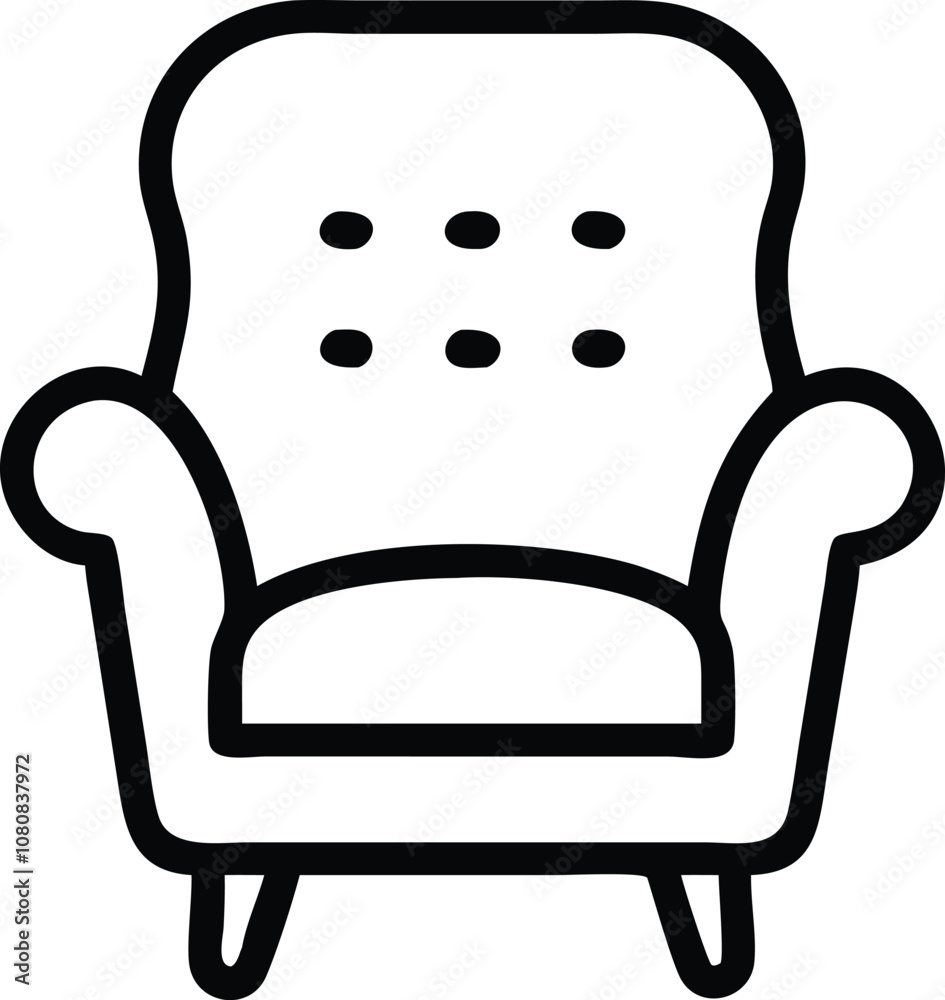 Armchair Outline Icon with Cushion Detail, Black and white outline ...