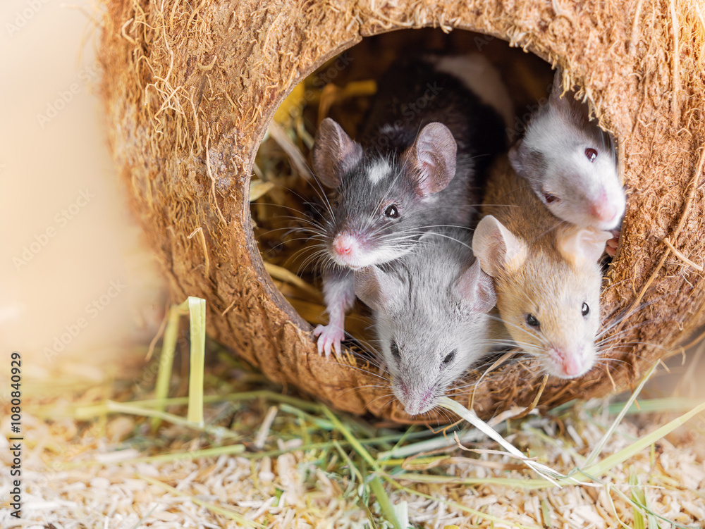 Multicolored satin little mice sit in a coconut house with straw ...