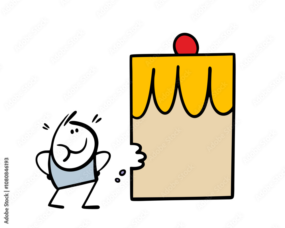 Cheeky little kid took a bite out of a huge cake. Vector illustration ...