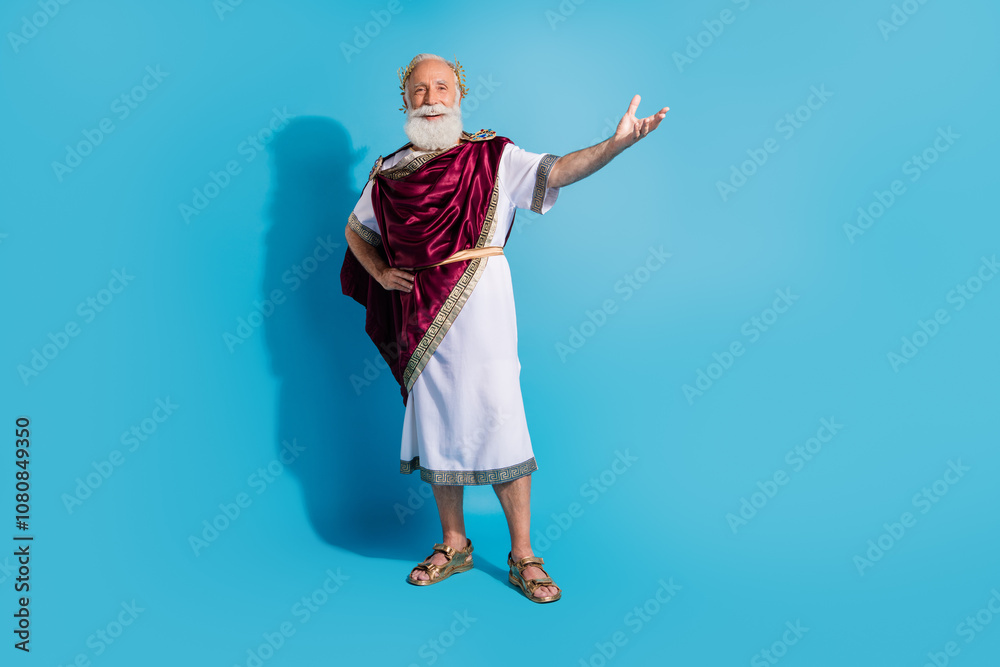 Full length photo of attractive old man raise hand recite poem dressed ...