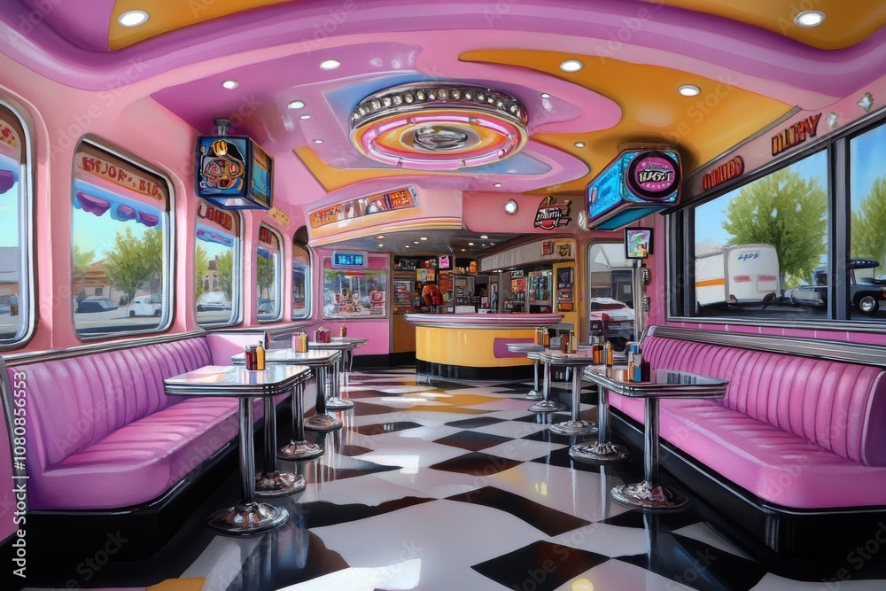Watercolor painting of a 50s-style diner with pastel colors, classic ...