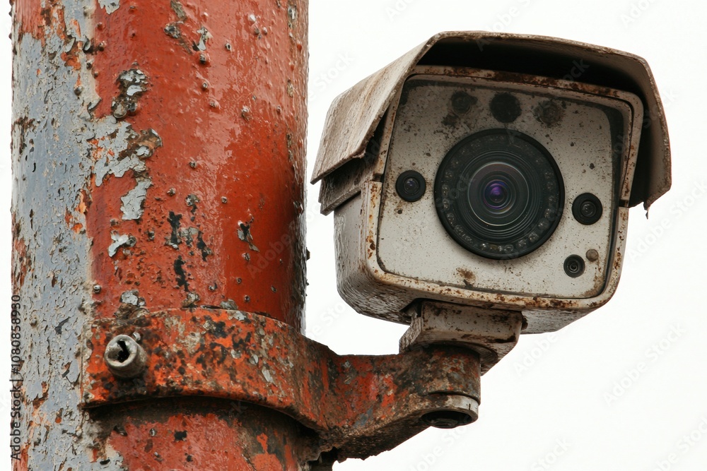 Weathered surveillance camera mounted on a rusty post, showcasing signs ...