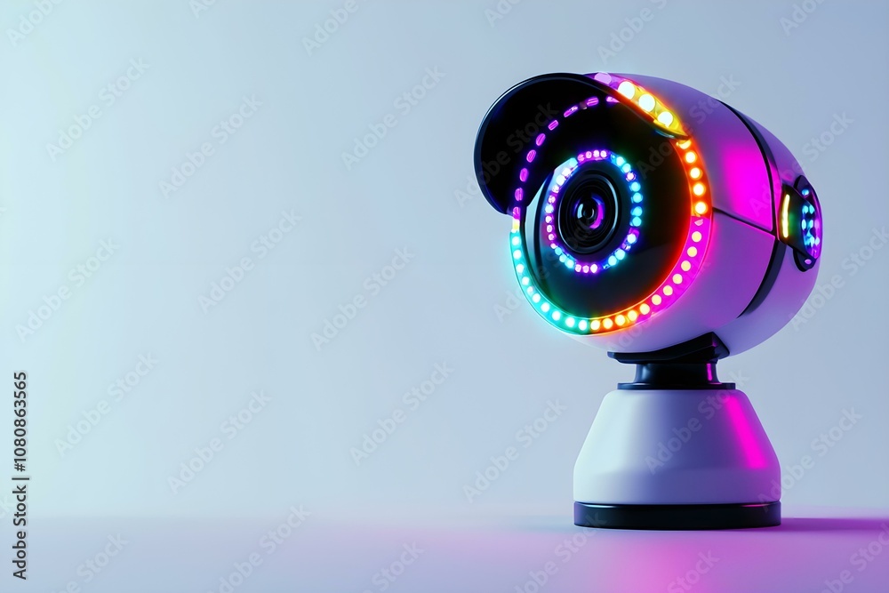 Colorful robotic camera with bright LED lights on a smooth surface ...