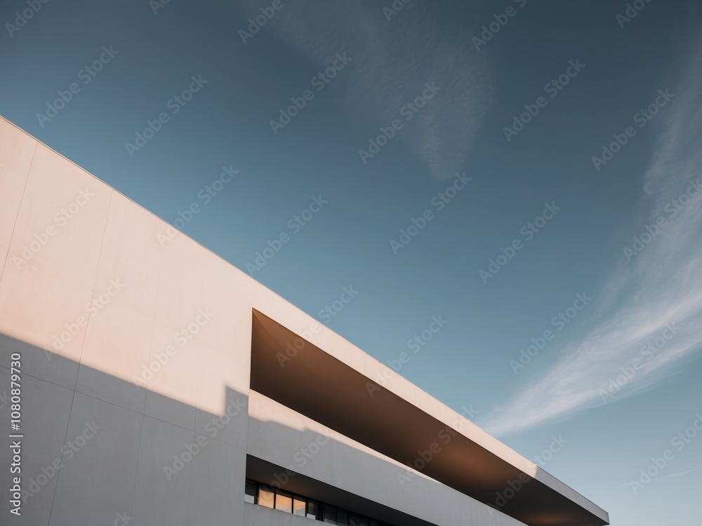 An elegant modernist building features a striking overhanging roof and ...