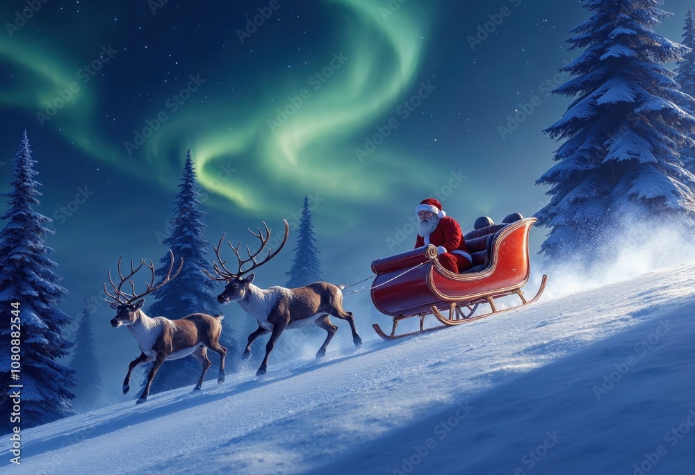 Santa Claus in a sleigh with reindeer flies over the earth in the night ...