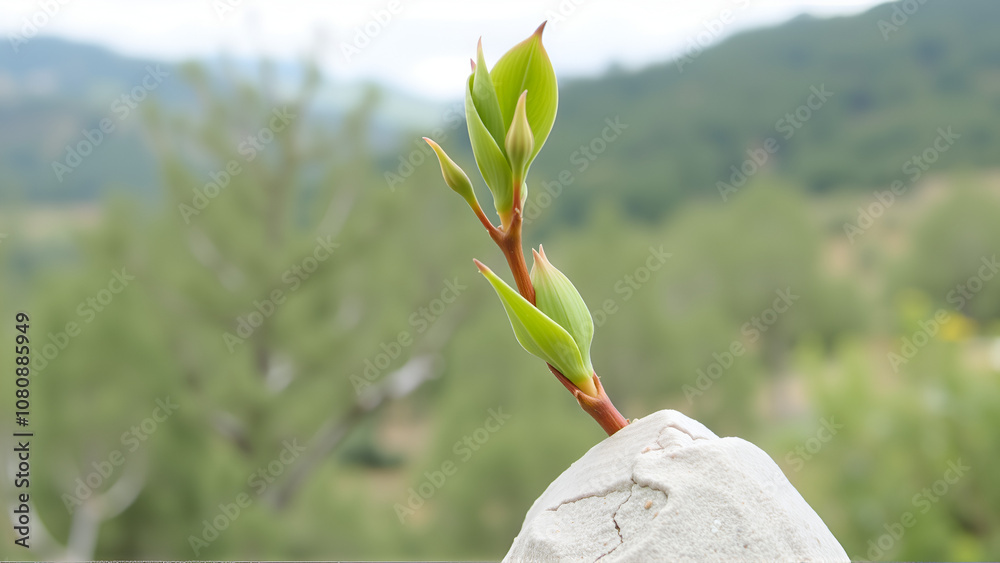new shoot and growing tip of Lentisk or mastic (Pistacia lentiscus) on ...