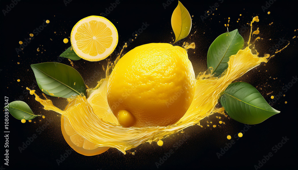 Realistic whole and slice fresh lemon with leaves flying on yellow citrus explosion on dark ...