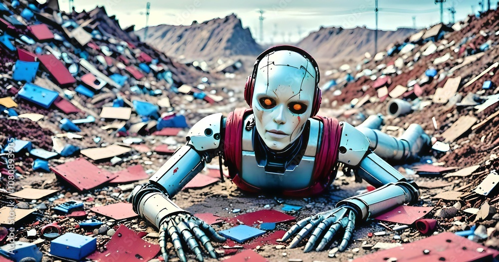 Broken Cyborg Girl Lying in a Landfill with Cyberpunk Aesthetic Stock ...