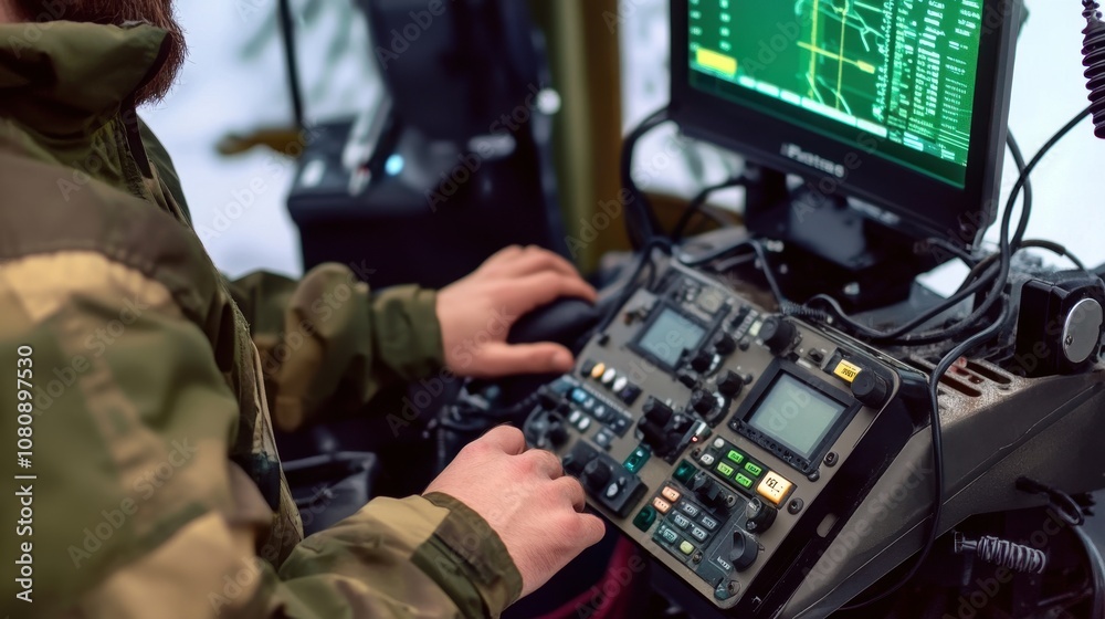 Amateur radio operator adjusting controls on communication equipment ...