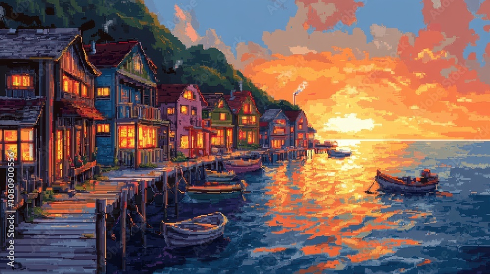 Pixel art coastal town with glowing windows and bobbing boats Stock ...