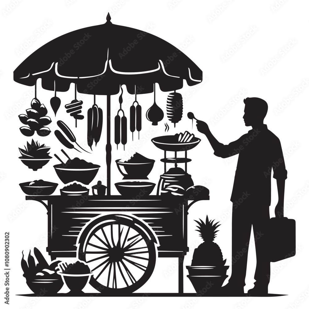 Street vendor selling food silhouette vector art black color design and ...