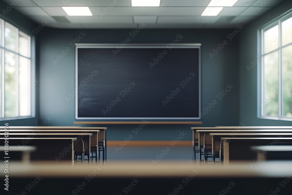 Blur background of interior design of empty classroom with blackboard ...