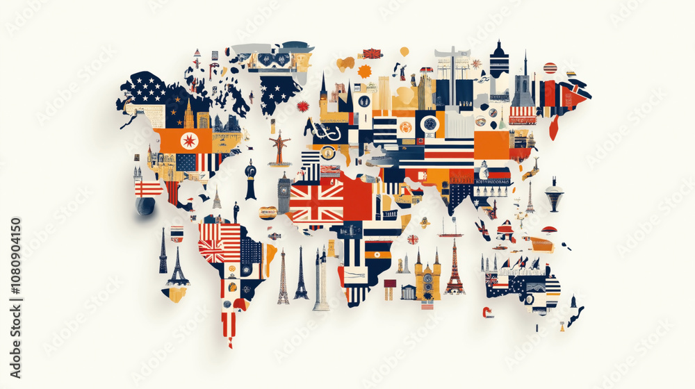 Illustrative world map composed of various international flags and ...
