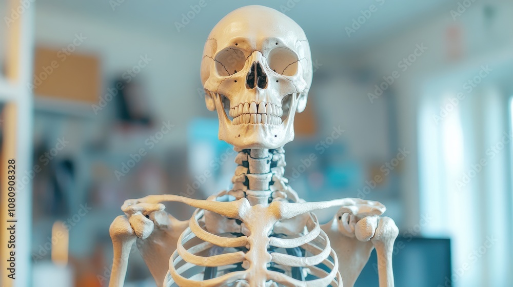 Full human skeleton displayed in a medical classroom setting, focusing ...