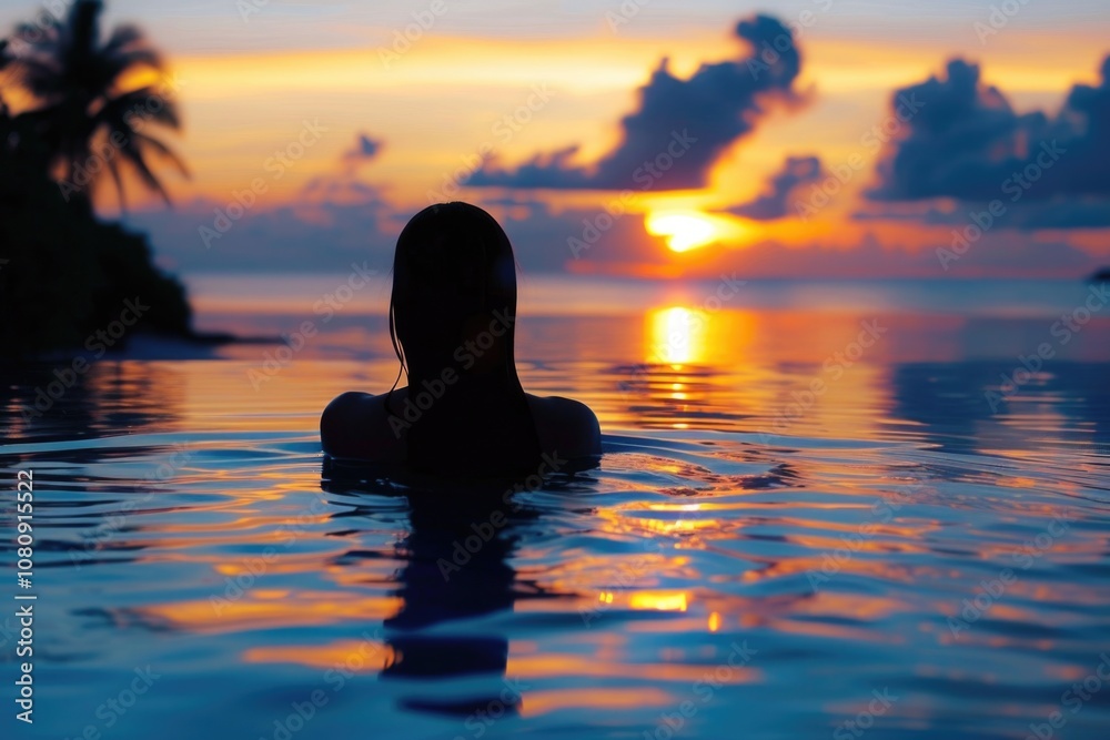 Sunset Pool. Luxury Resort Vacation Destination with Woman Swimming in ...