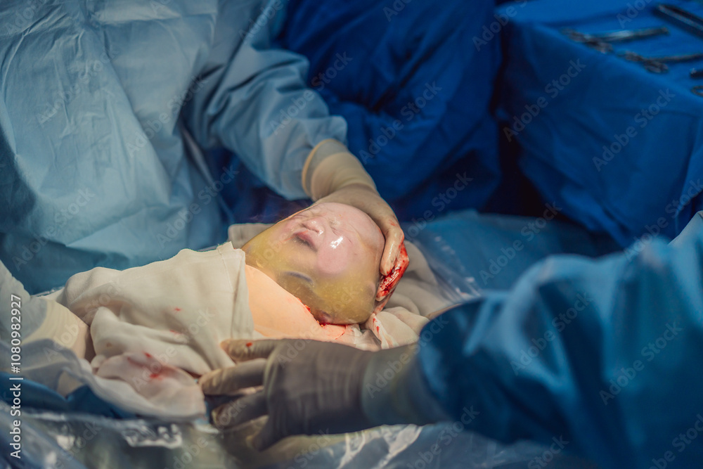 A baby is delivered in an intact amniotic sac during a caesarean ...
