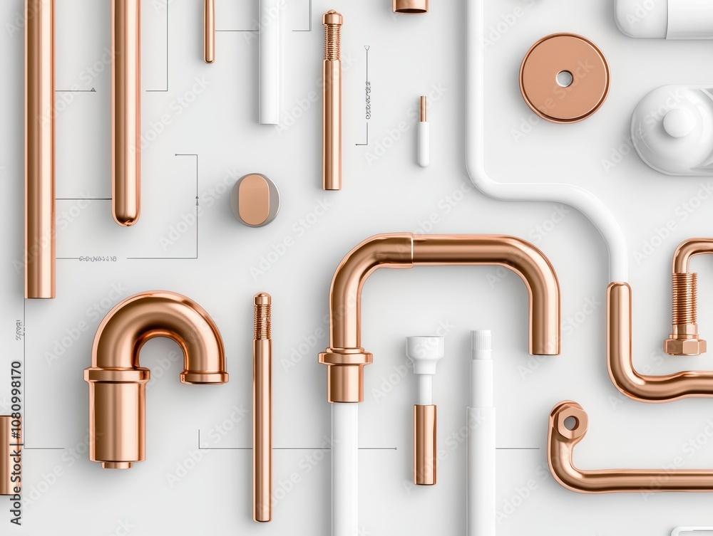 Assorted plumbing tools arranged over an architectural schematic ...