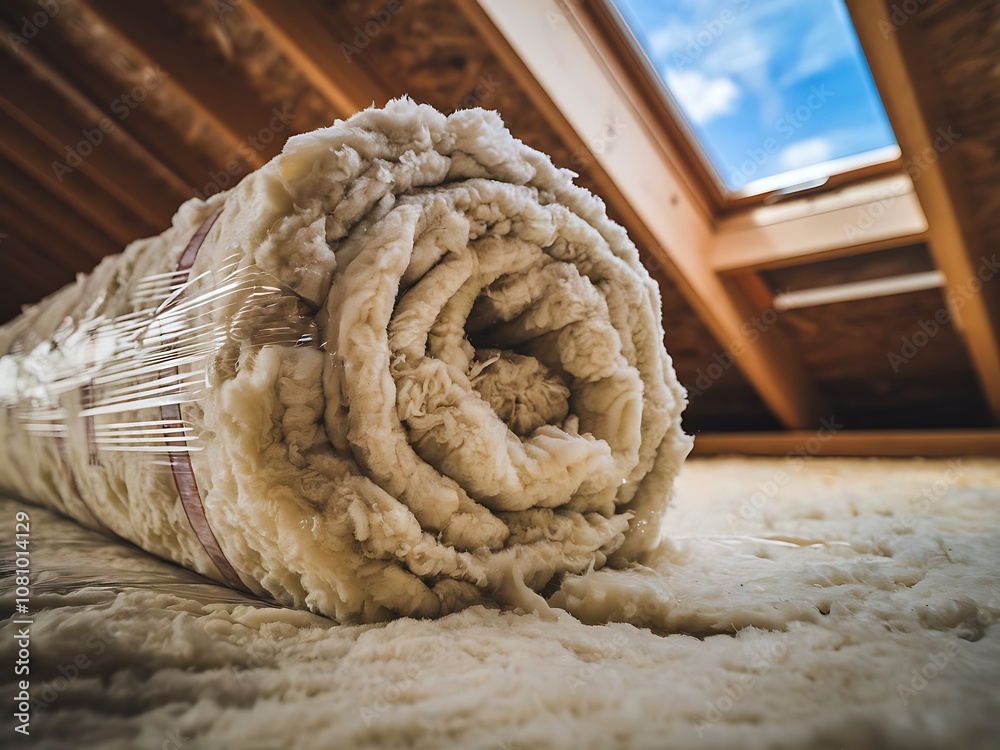 Roll of insulation material in an attic with a skylight, ready for ...